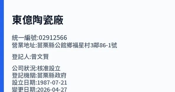東億陶瓷廠的照片-統編 02912566(苗栗縣) 公司登記資料與營業項目詳細圖表
