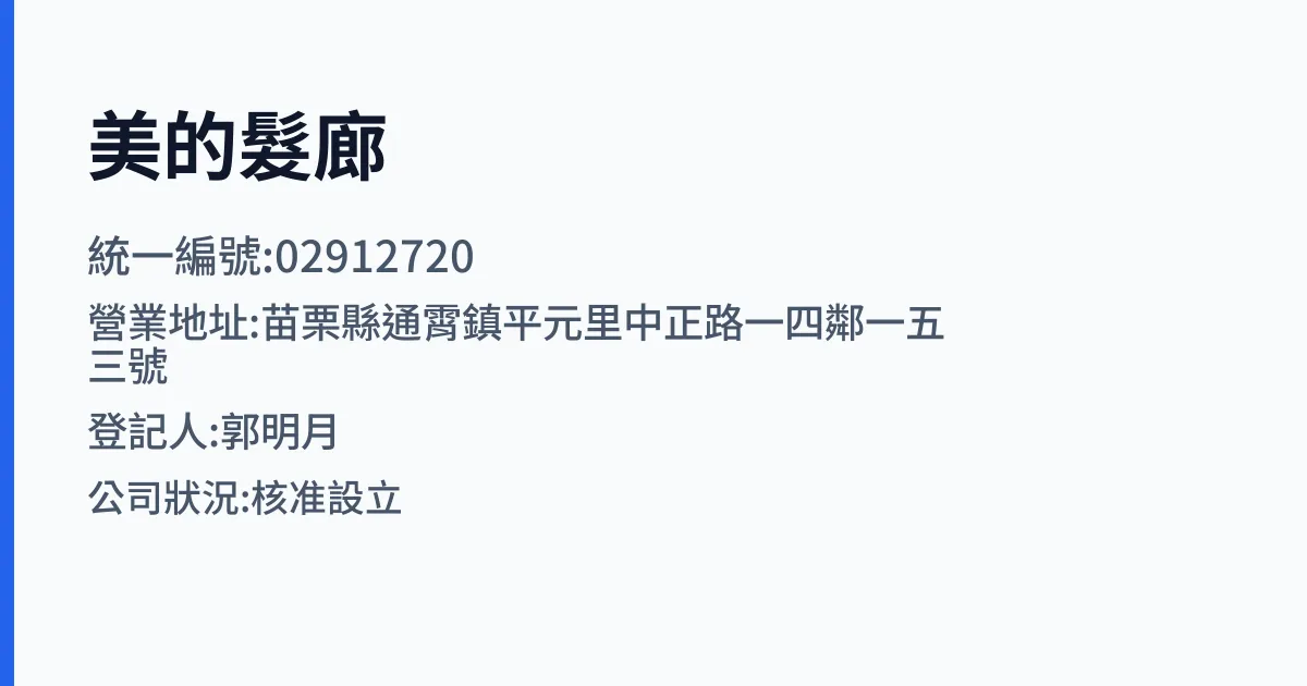 美的髮廊 - 統編 02912720(苗栗縣) 公司登記資料與營業項目詳細圖表