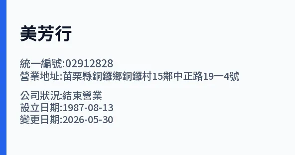 美芳行的照片-統編 02912828(苗栗縣) 公司登記資料與營業項目詳細圖表