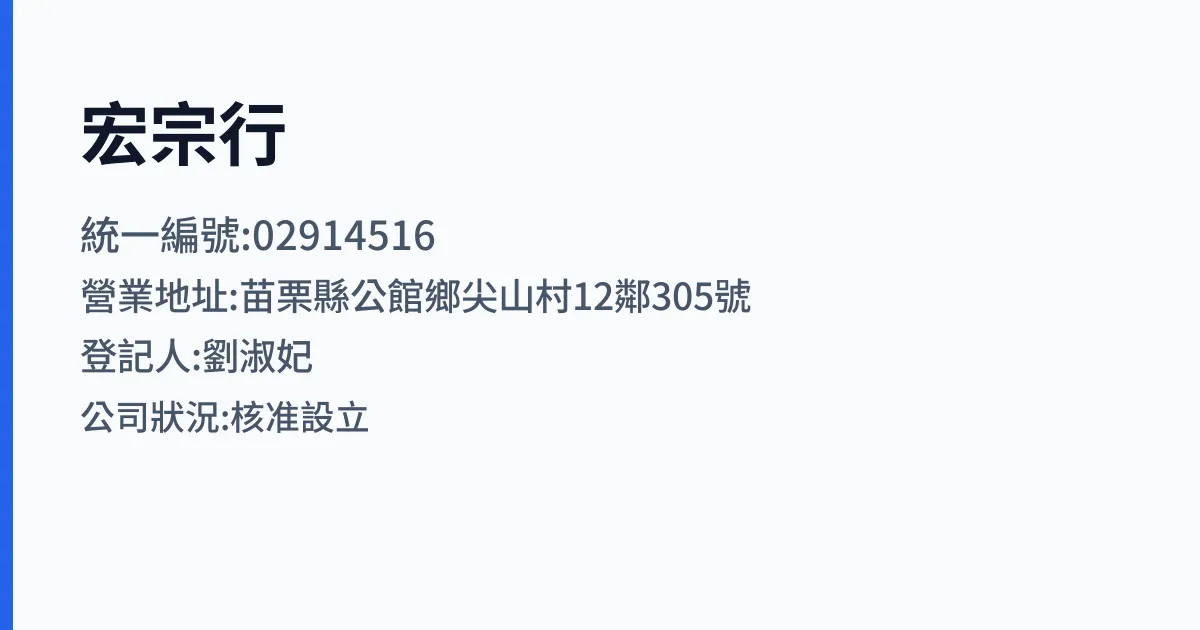宏宗行 - 統編 02914516(苗栗縣) 公司登記資料與營業項目詳細圖表