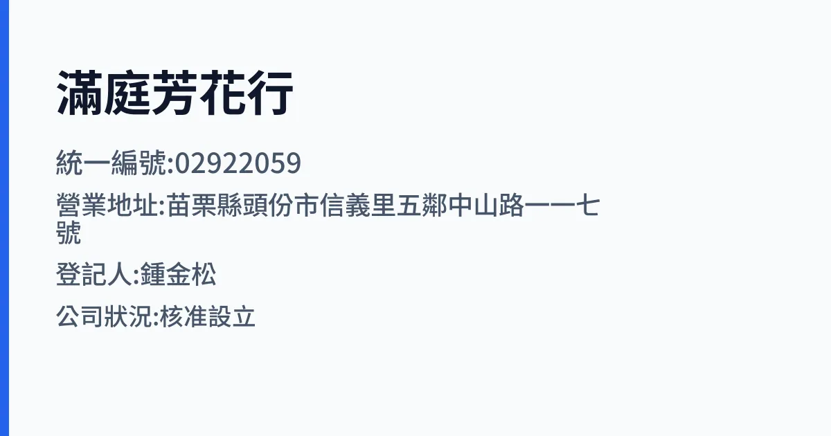 滿庭芳花行 - 統編 02922059(苗栗縣) 公司登記資料與營業項目詳細圖表