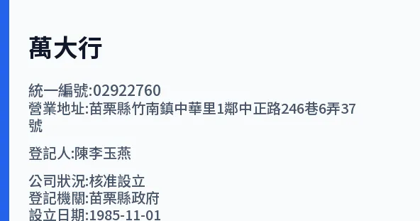 萬大行的照片-統編 02922760(苗栗縣) 公司登記資料與營業項目詳細圖表