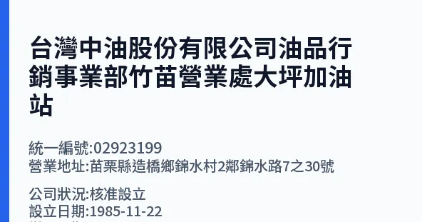 台灣中油股份有限公司油品行銷事業部竹苗營業處大坪加油站的照片-統編 02923199(苗栗縣) 公司登記資料與營業項目詳細圖表
