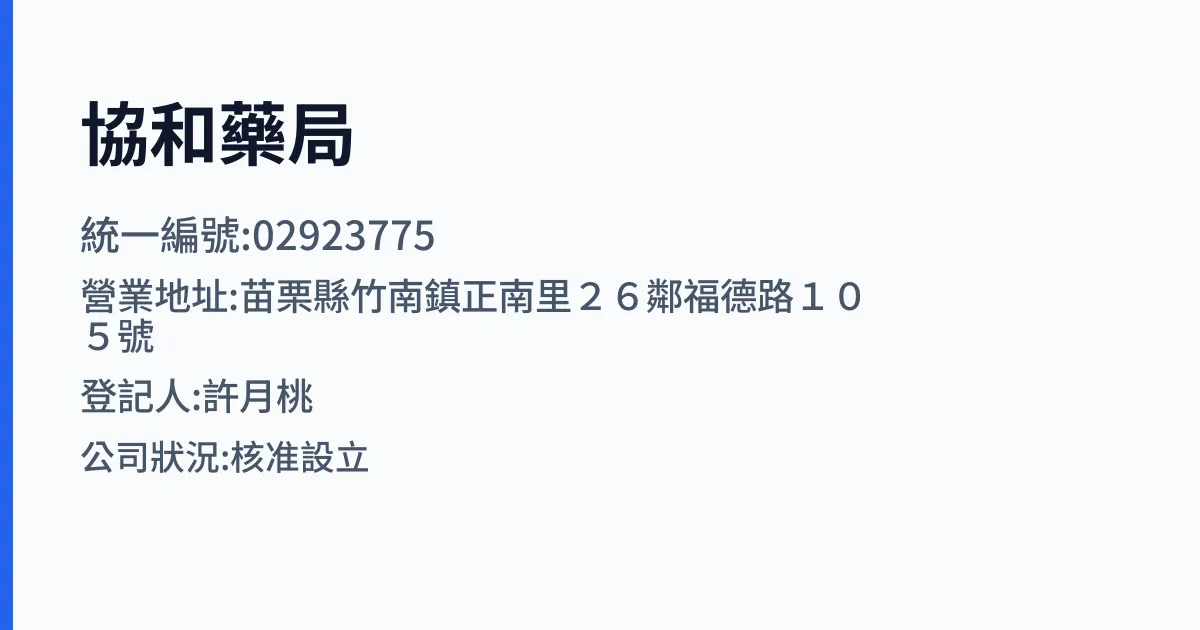 協和藥局 - 統編 02923775(苗栗縣) 公司登記資料與營業項目詳細圖表