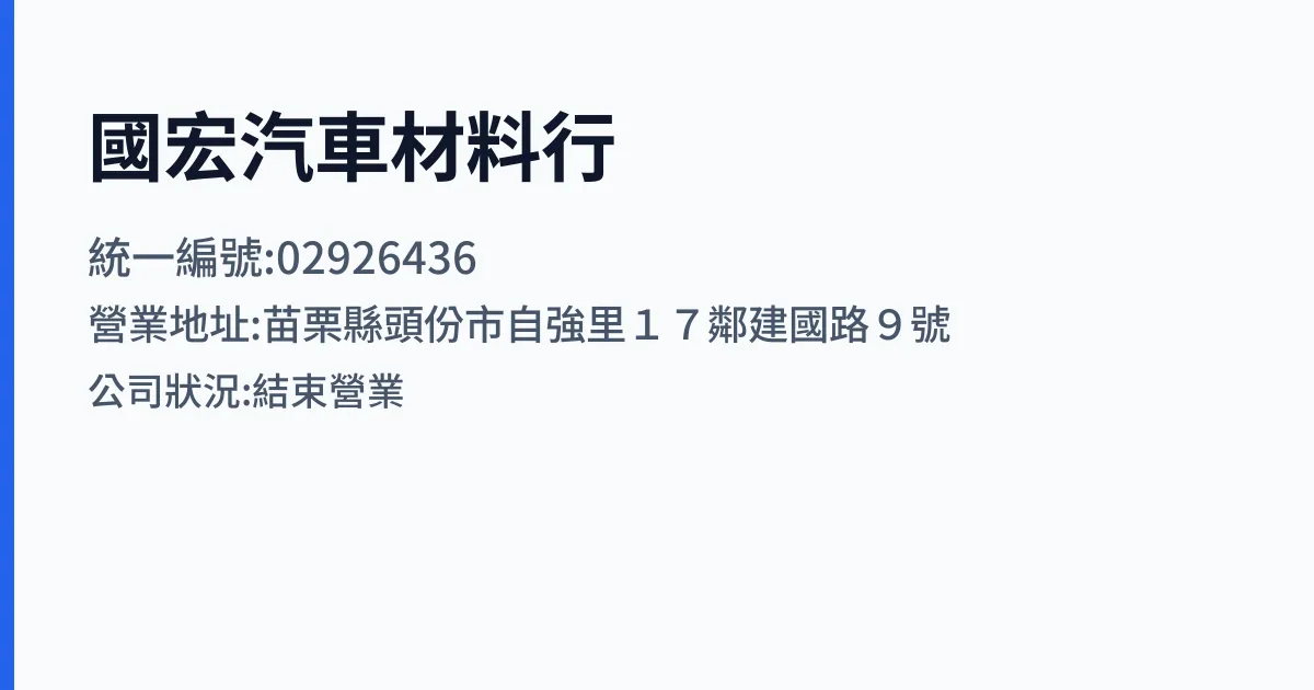 國宏汽車材料行 - 統編 02926436(苗栗縣) 公司登記資料與營業項目詳細圖表