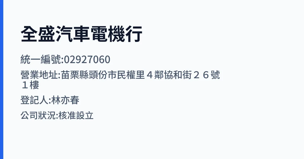 全盛汽車電機行 - 統編 02927060(苗栗縣) 公司登記資料與營業項目詳細圖表
