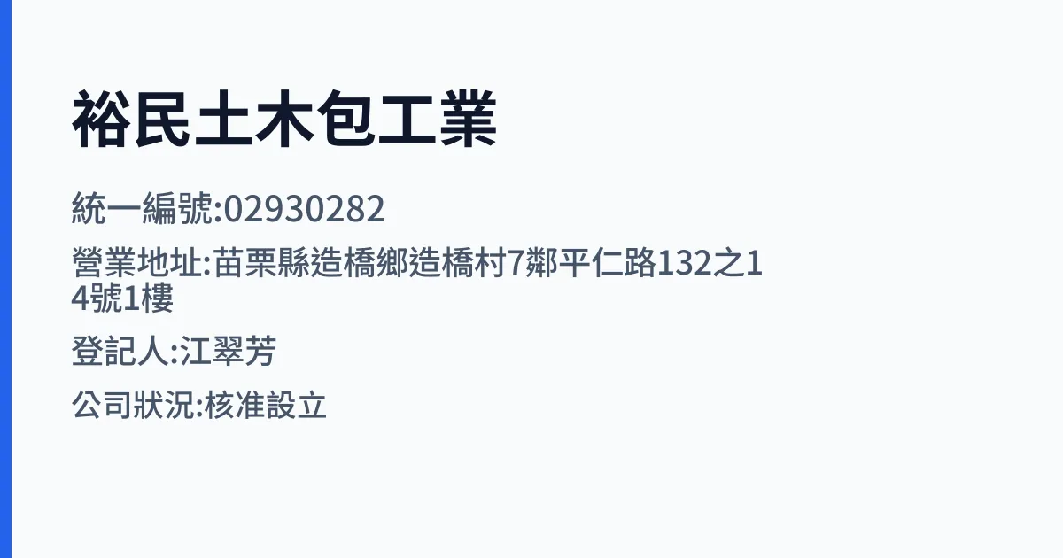 裕民土木包工業 - 統編 02930282(苗栗縣) 公司登記資料與營業項目詳細圖表