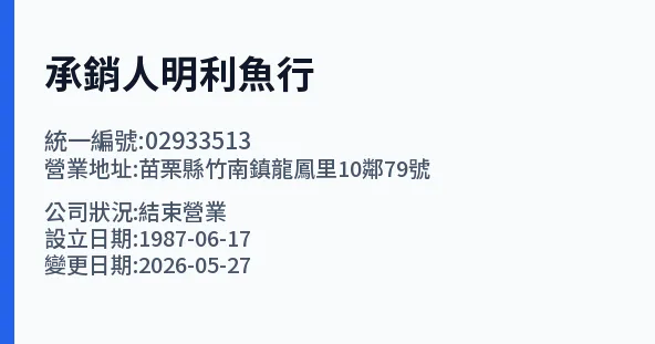 承銷人明利魚行的照片-統編 02933513(苗栗縣) 公司登記資料與營業項目詳細圖表