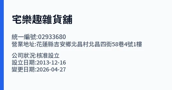 宅樂趣雜貨舖的照片-統編 02933680(花蓮縣) 公司登記資料與營業項目詳細圖表