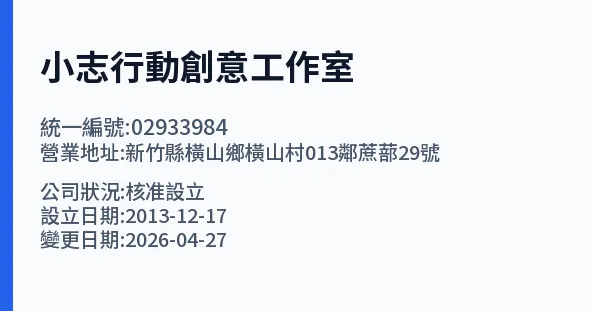 小志行動創意工作室的照片-統編 02933984(新竹縣) 公司登記資料與營業項目詳細圖表