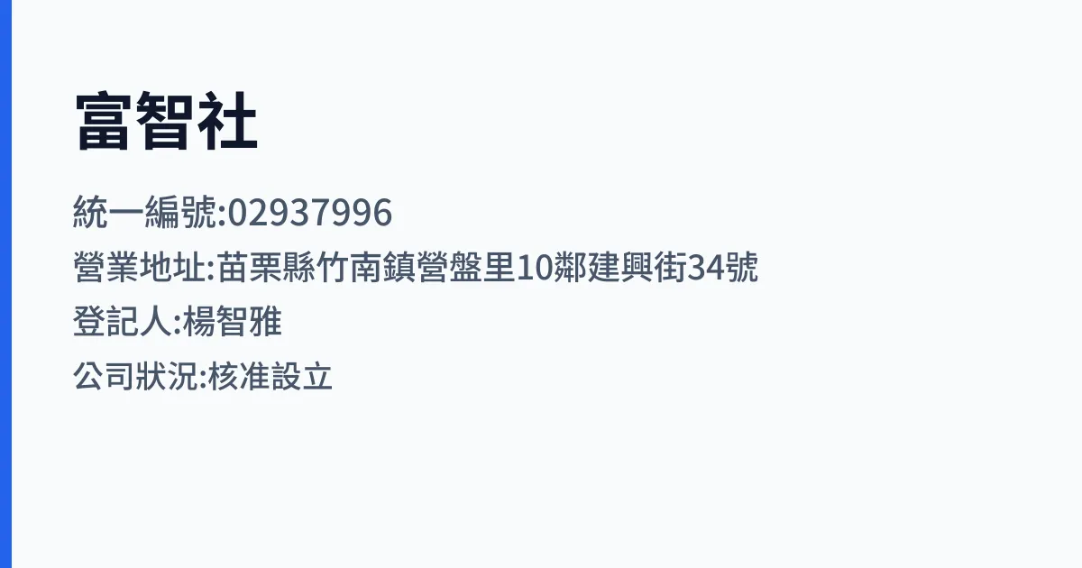 富智社 - 統編 02937996(苗栗縣) 公司登記資料與營業項目詳細圖表