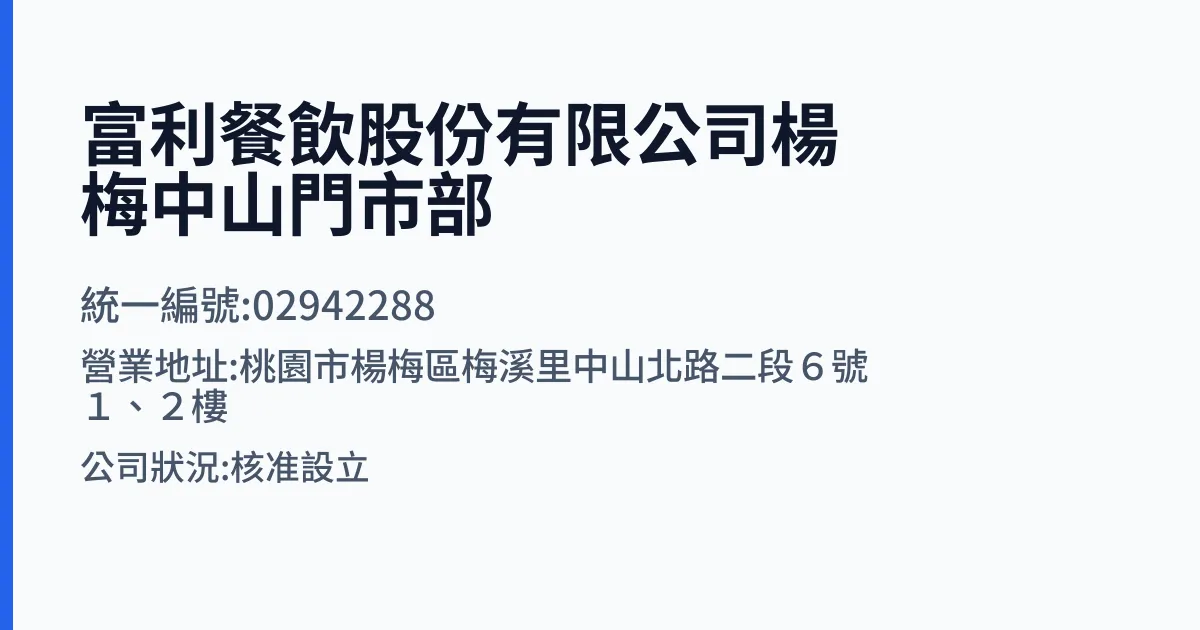 富利餐飲股份有限公司楊梅中山門市部 - 統編 02942288(桃園市) 公司登記資料與營業項目詳細圖表