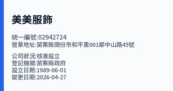 美美服飾的照片-統編 02942724(苗栗縣) 公司登記資料與營業項目詳細圖表