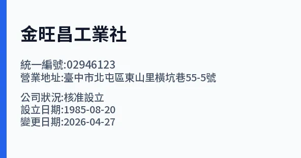 金旺昌工業社的照片-統編 02946123(臺中市) 公司登記資料與營業項目詳細圖表