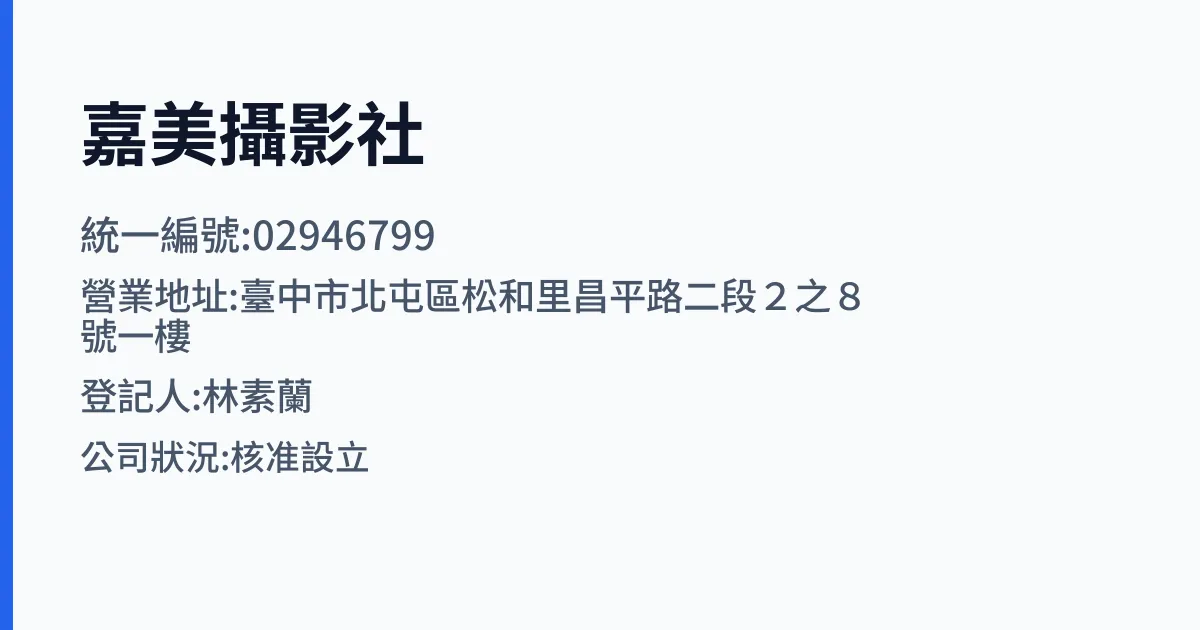 嘉美攝影社 - 統編 02946799(臺中市) 公司登記資料與營業項目詳細圖表