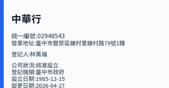 中華行的照片-統編 02948543(臺中市) 公司登記資料與營業項目詳細圖表