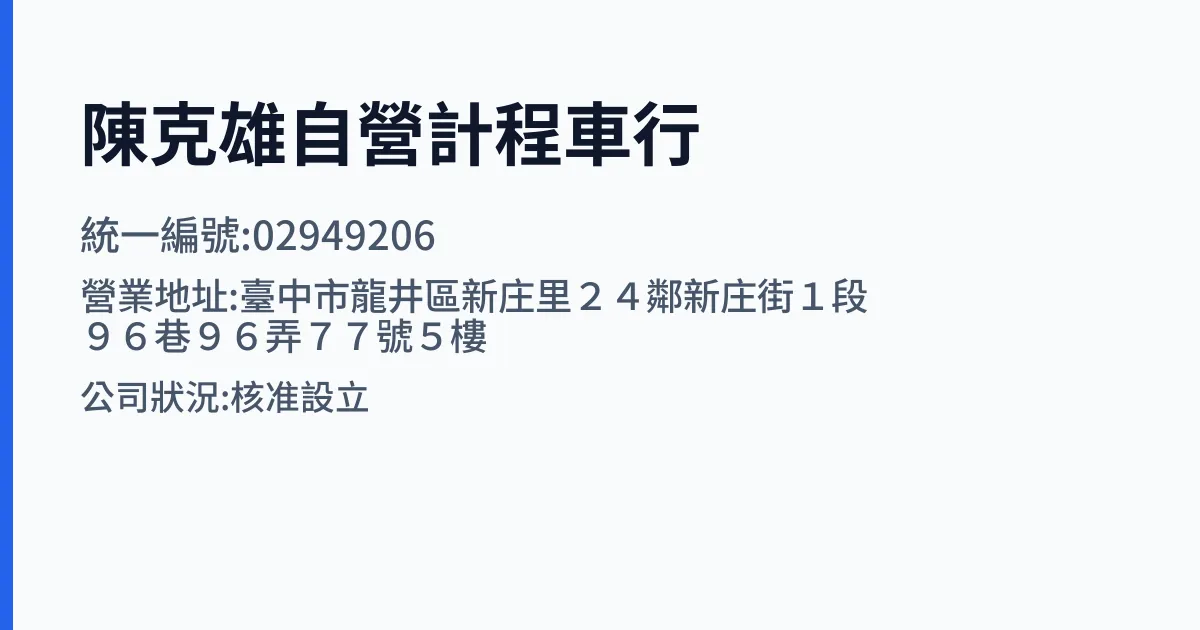 陳克雄自營計程車行 - 統編 02949206(臺中市) 公司登記資料與營業項目詳細圖表