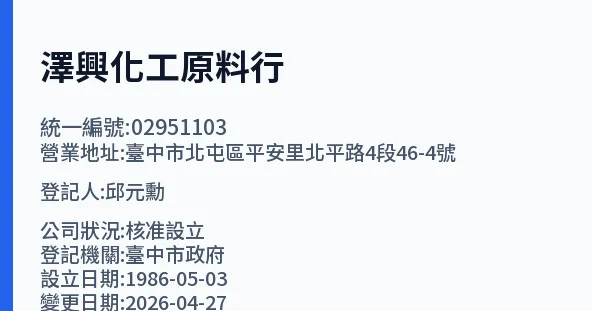 澤興化工原料行的照片-統編 02951103(臺中市) 公司登記資料與營業項目詳細圖表