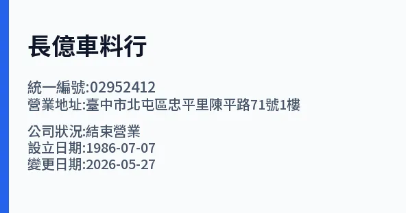 長億車料行的照片-統編 02952412(臺中市) 公司登記資料與營業項目詳細圖表