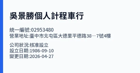 吳景勝個人計程車行的照片-統編 02953480(臺中市) 公司登記資料與營業項目詳細圖表