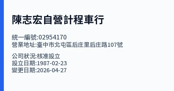 陳志宏自營計程車行的照片-統編 02954170(臺中市) 公司登記資料與營業項目詳細圖表