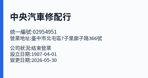 中央汽車修配行的照片-統編 02954951(臺中市) 公司登記資料與營業項目詳細圖表