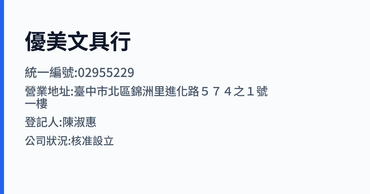 優美文具行 - 統編 02955229(臺中市) 公司登記資料與營業項目詳細圖表