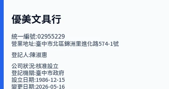 優美文具行的照片-統編 02955229(臺中市) 公司登記資料與營業項目詳細圖表