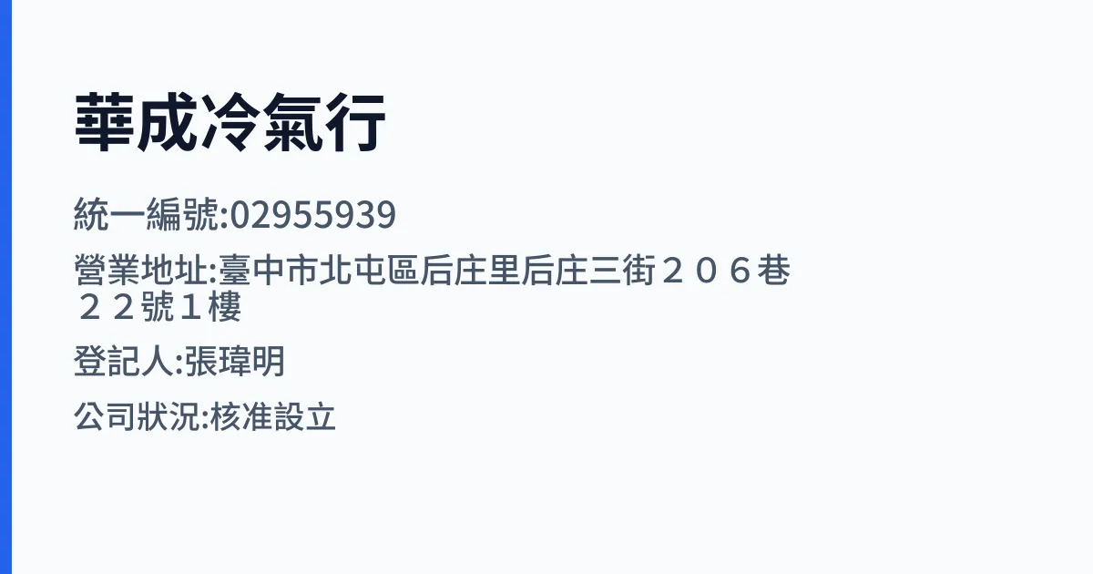 華成冷氣行 - 統編 02955939(臺中市) 公司登記資料與營業項目詳細圖表