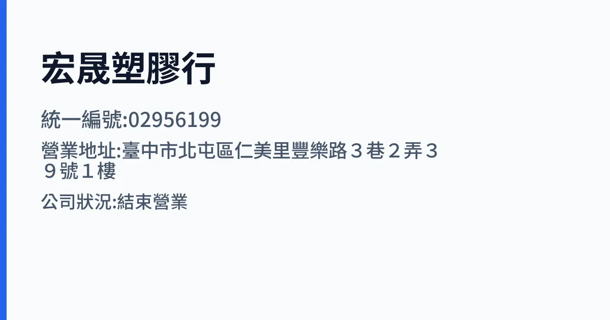 宏晟塑膠行 - 統編 02956199(臺中市) 公司登記資料與營業項目詳細圖表