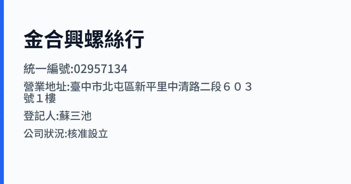 金合興螺絲行 - 統編 02957134(臺中市) 公司登記資料與營業項目詳細圖表