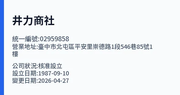 井力商社的照片-統編 02959858(臺中市) 公司登記資料與營業項目詳細圖表