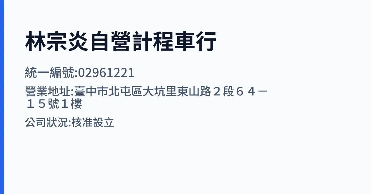 林宗炎自營計程車行 - 統編 02961221(臺中市) 公司登記資料與營業項目詳細圖表