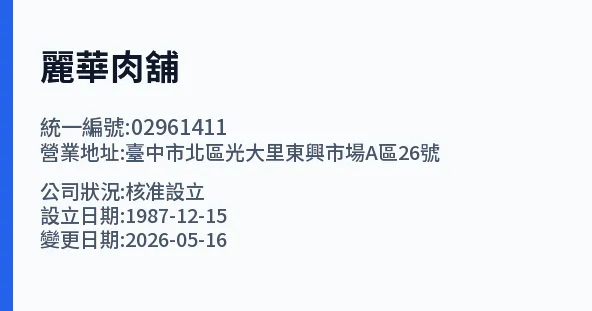 麗華肉舖的照片-統編 02961411(臺中市) 公司登記資料與營業項目詳細圖表