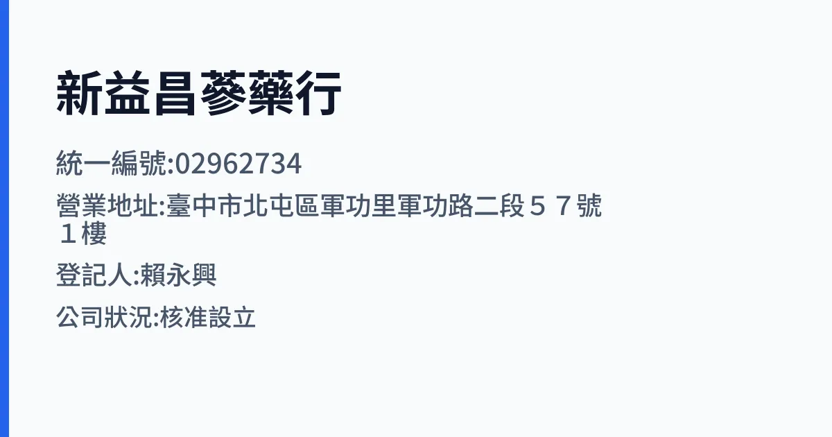 新益昌蔘藥行 - 統編 02962734(臺中市) 公司登記資料與營業項目詳細圖表