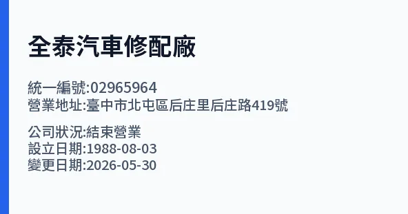 全泰汽車修配廠的照片-統編 02965964(臺中市) 公司登記資料與營業項目詳細圖表