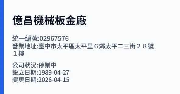億昌機械板金廠的照片-統編 02967576(臺中市) 公司登記資料與營業項目詳細圖表