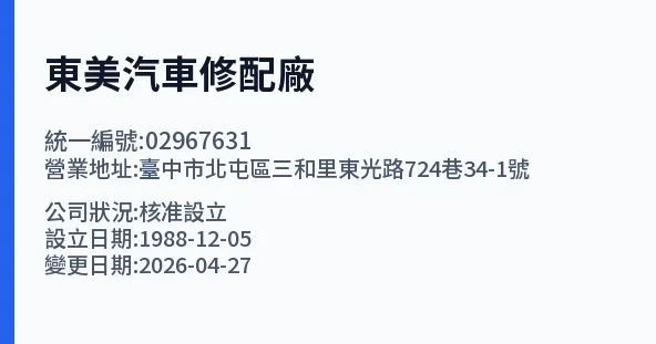 東美汽車修配廠的照片-統編 02967631(臺中市) 公司登記資料與營業項目詳細圖表