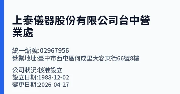 上泰儀器股份有限公司台中營業處的照片-統編 02967956(臺中市) 公司登記資料與營業項目詳細圖表