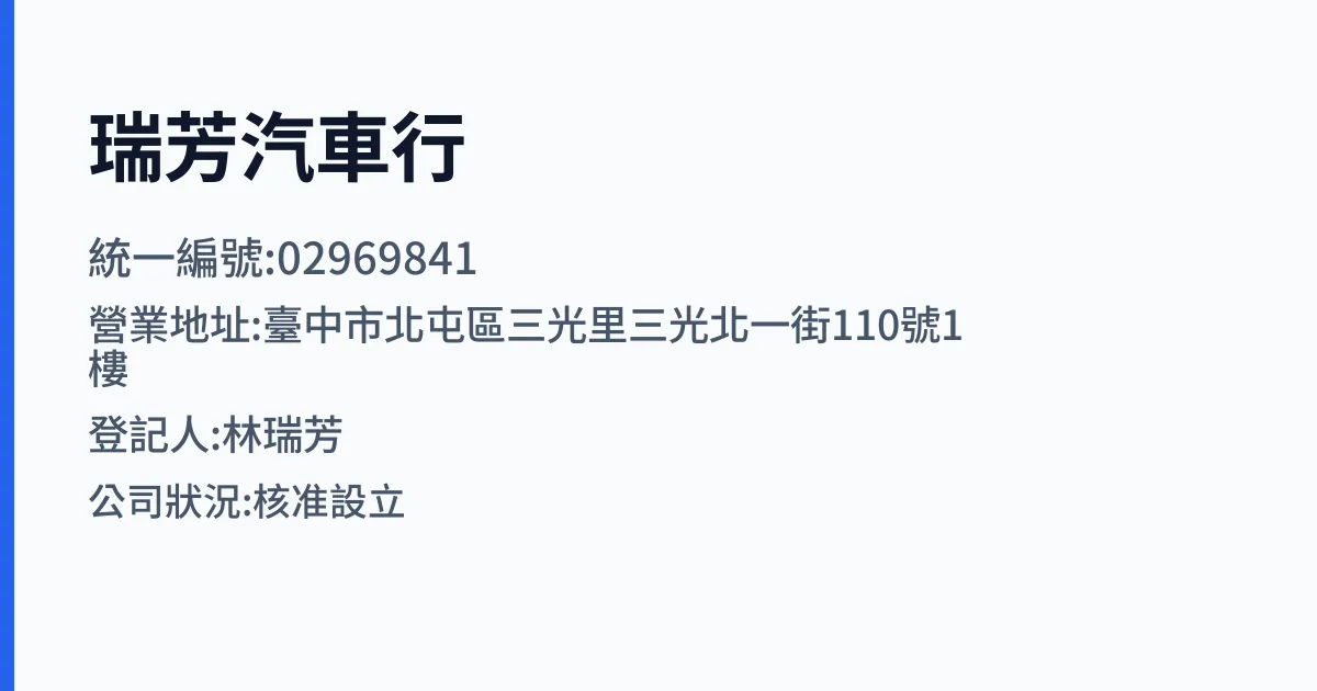 瑞芳汽車行 - 統編 02969841(臺中市) 公司登記資料與營業項目詳細圖表