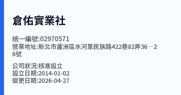 倉佑實業社的照片-統編 02970571(新北市) 公司登記資料與營業項目詳細圖表
