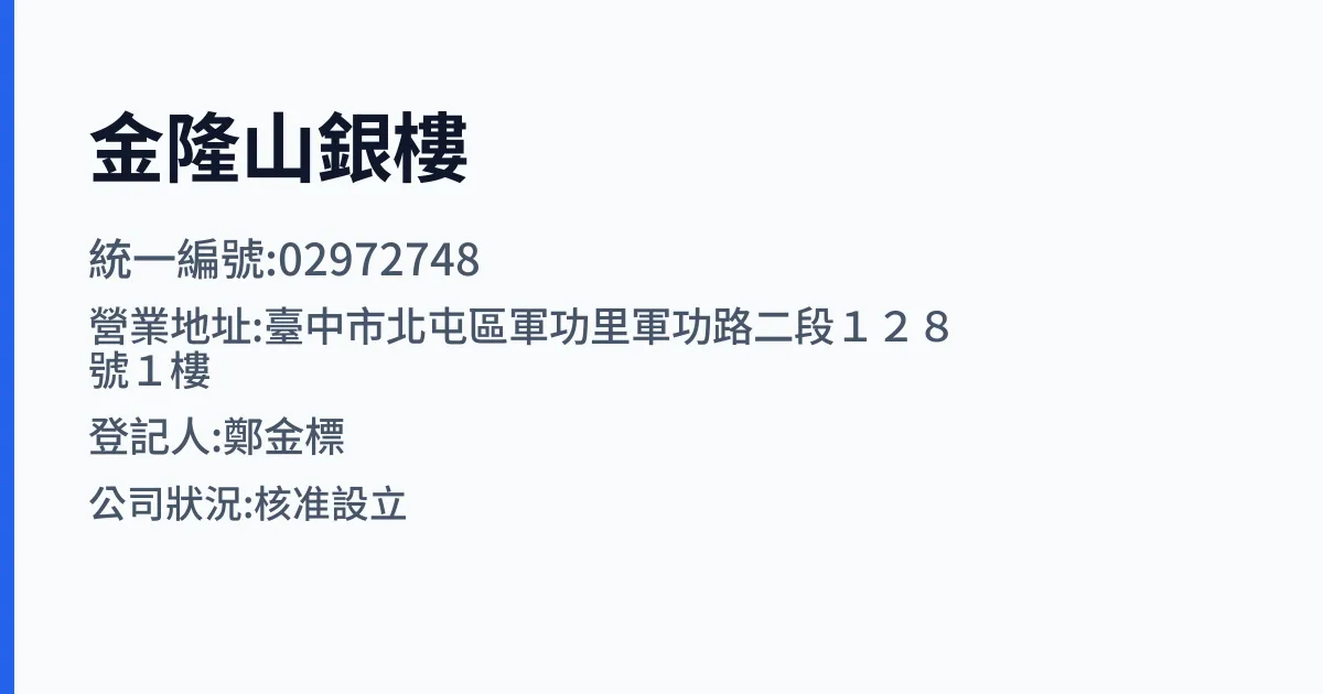 金隆山銀樓 - 統編 02972748(臺中市) 公司登記資料與營業項目詳細圖表