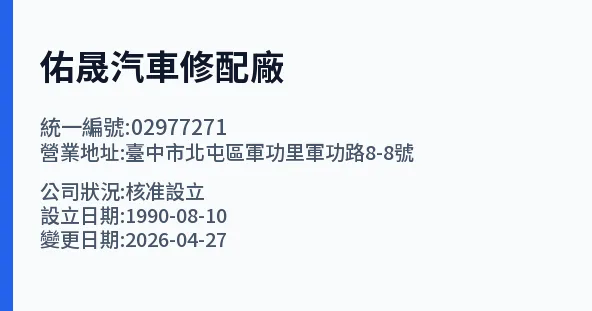 佑晟汽車修配廠的照片-統編 02977271(臺中市) 公司登記資料與營業項目詳細圖表