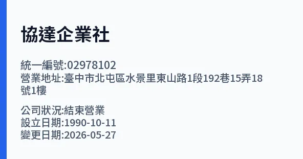 協達企業社的照片-統編 02978102(臺中市) 公司登記資料與營業項目詳細圖表
