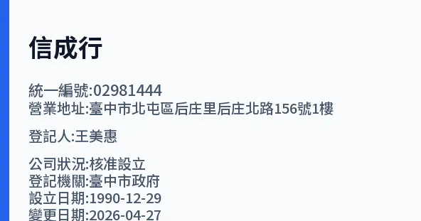 信成行的照片-統編 02981444(臺中市) 公司登記資料與營業項目詳細圖表