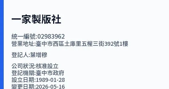 一家製版社的照片-統編 02983962(臺中市) 公司登記資料與營業項目詳細圖表