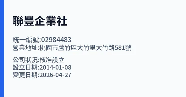 聯豐企業社的照片-統編 02984483(桃園市) 公司登記資料與營業項目詳細圖表
