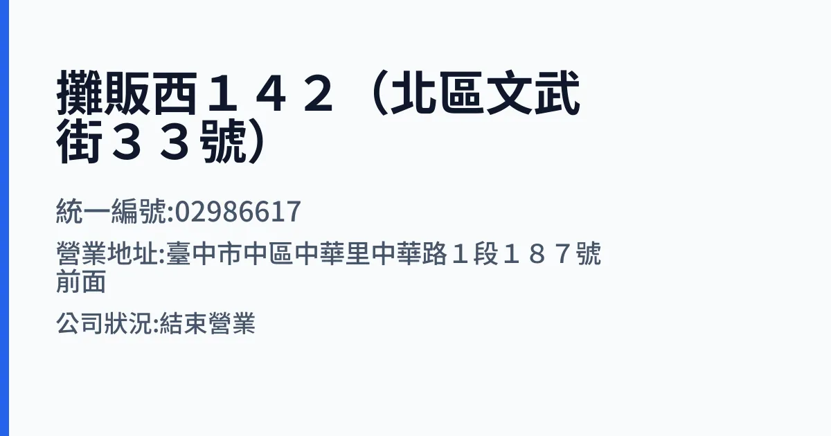 攤販西142(北區文武街33號) - 統編 02986617(臺中市) 公司登記資料與營業項目詳細圖表