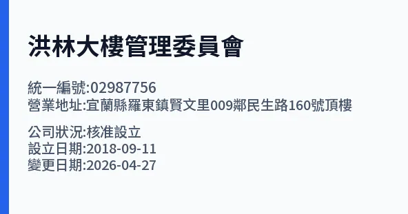 洪林大樓管理委員會的照片-統編 02987756(宜蘭縣) 公司登記資料與營業項目詳細圖表