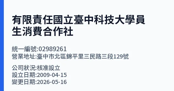 有限責任國立臺中科技大學員生消費合作社的照片-統編 02989261(臺中市) 公司登記資料與營業項目詳細圖表